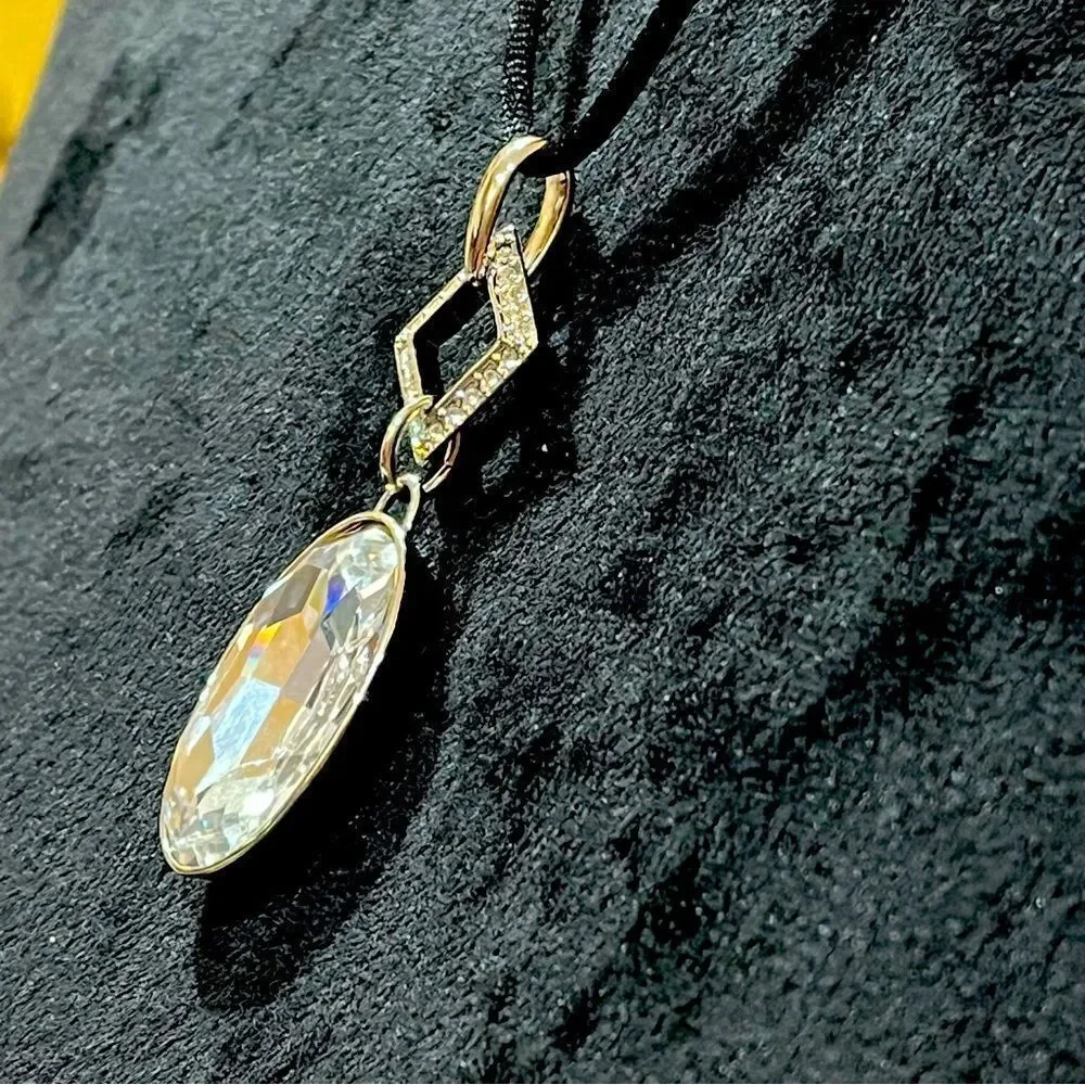 Jewelry | Clear Crystal Pendant Necklace Cz Black String With Silver ...
